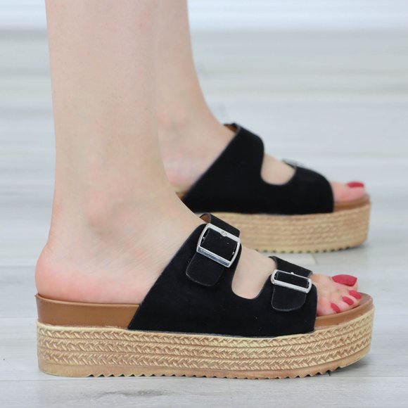 Shoes | Suede Black Double Straps Comfort Platform Sandal Slip On ...